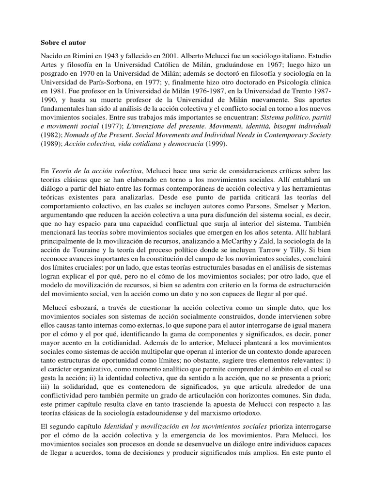 Reseña N°7 - Alberto Melucci, Acción Colectiva, Vida Cotidiana y Democracia | PDF | Sociedad ...