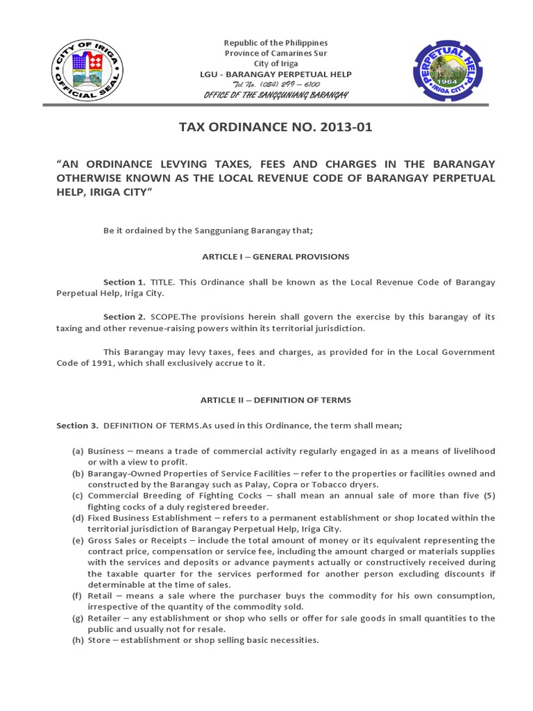 Reviewed 2012-01, Barangay Tax Ordinance (Local Revenue Code) | PDF ...