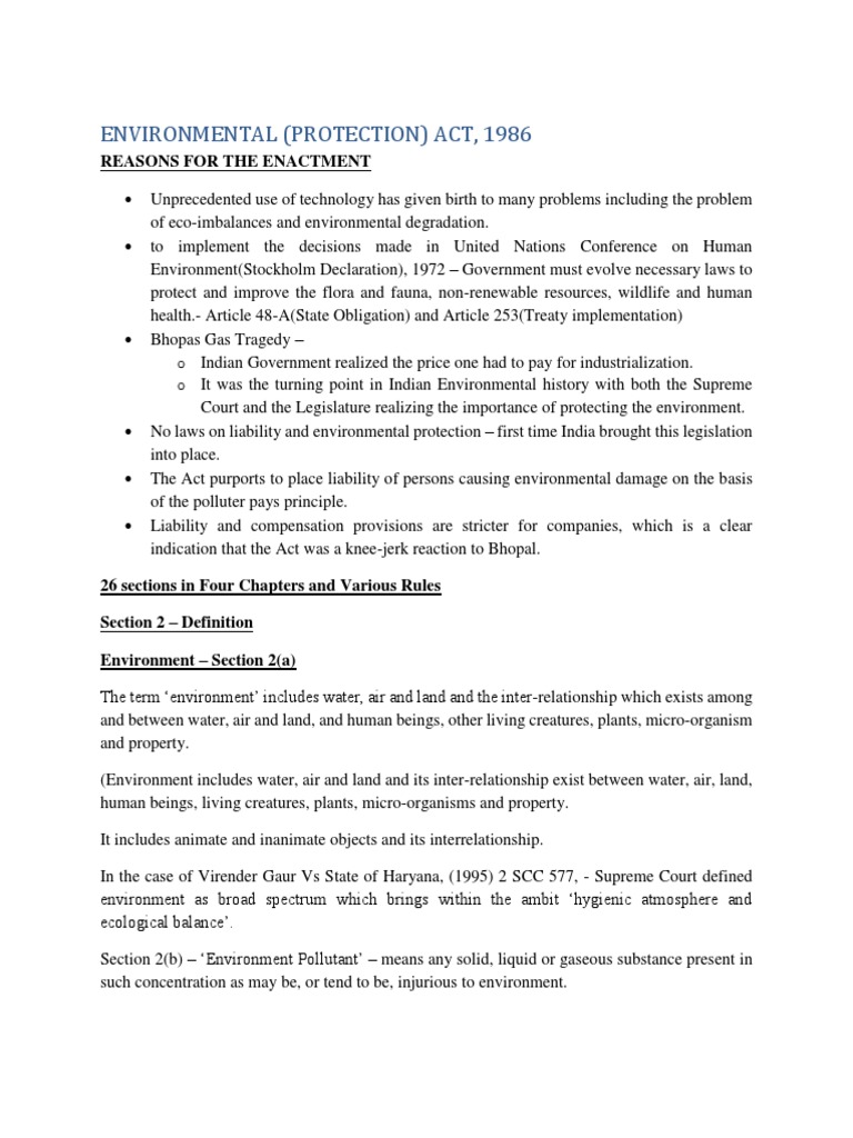 Environmental (Protection) Act, 1986: Reasons For The Enactment | PDF ...