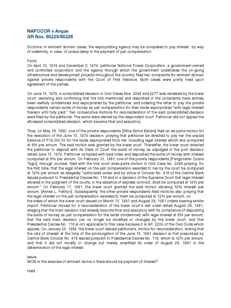 Napocor V Angas | PDF | Eminent Domain | Judgment (Law)