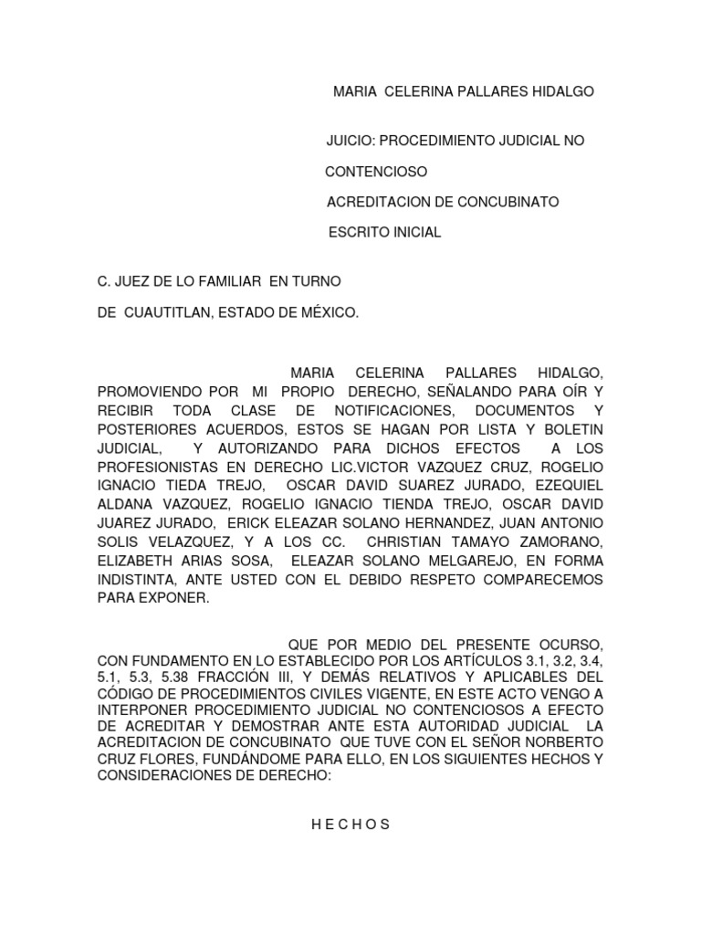 Demanda De Acreditacion De Concubinato Docx Demanda Judicial Ley