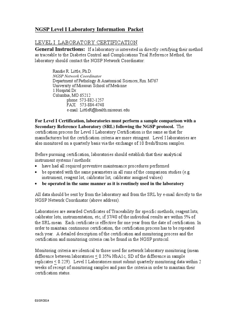 NGSP Level I Laboratory Information Packet | PDF | Data Analysis | Assay