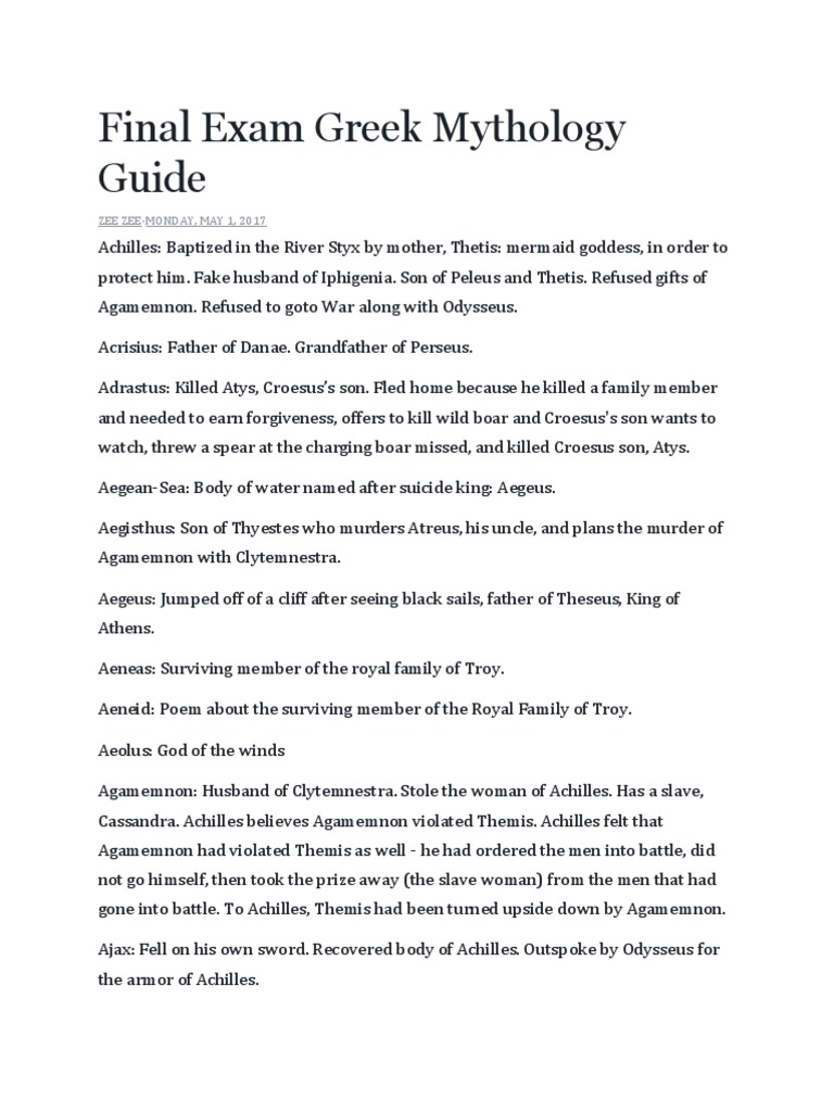 Final Exam Greek Mythology Guide: Zee Zee Monday, May 1, 2017 | PDF ...
