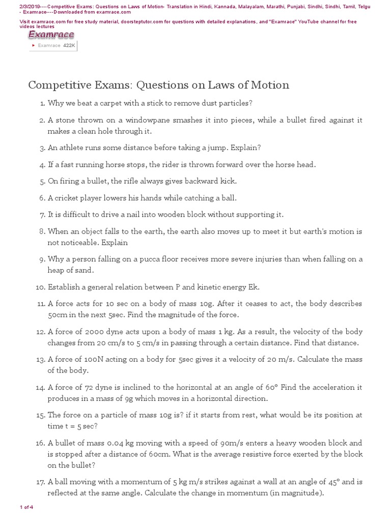 Laws of Motion Questions | PDF | Force | Mass