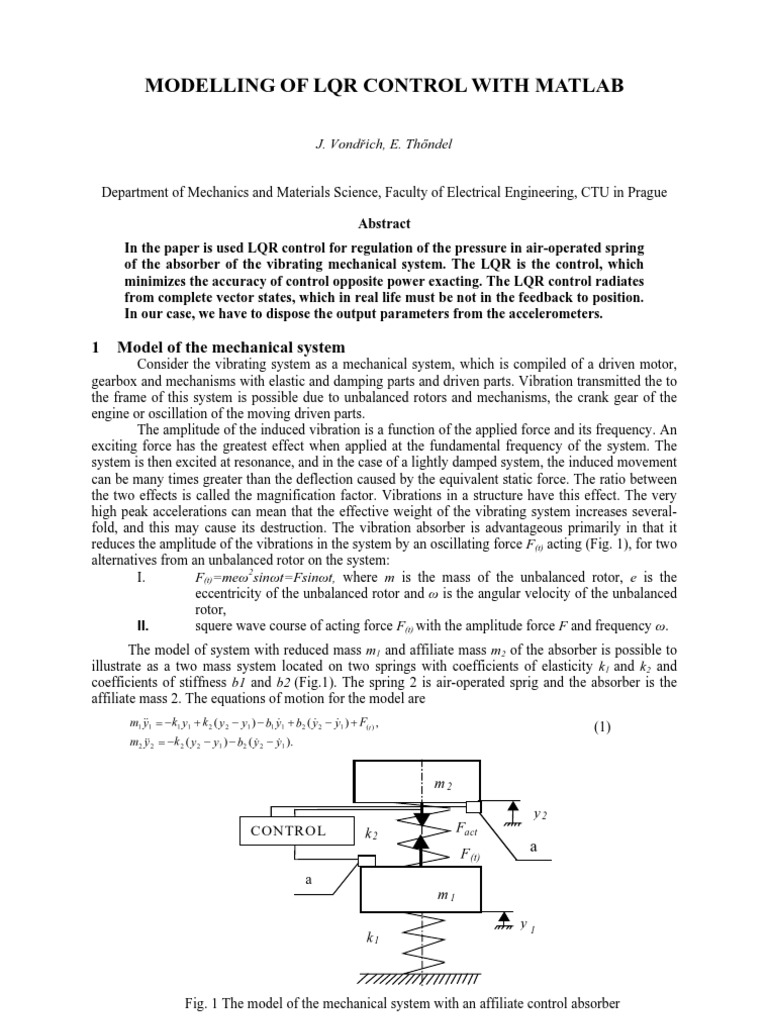 Modelling of LQR Control With Matlab: 1 Model of The Mechanical System ...