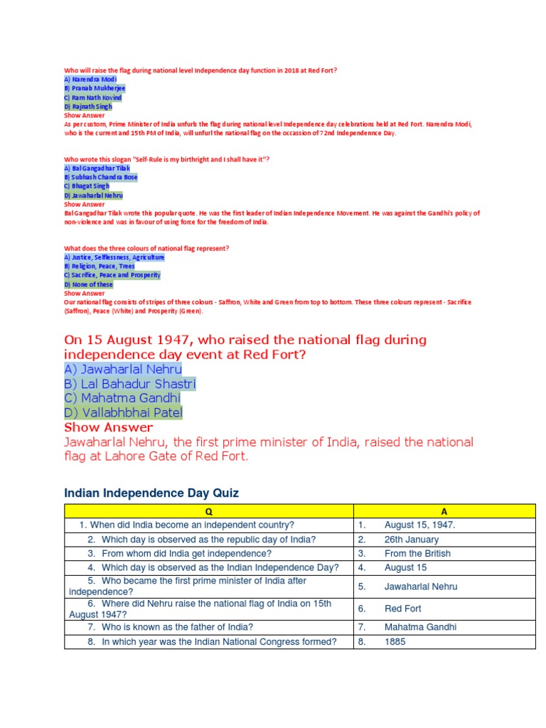 Independence Day Quiz - Kids PDF | PDF | Indian Independence Movement ...