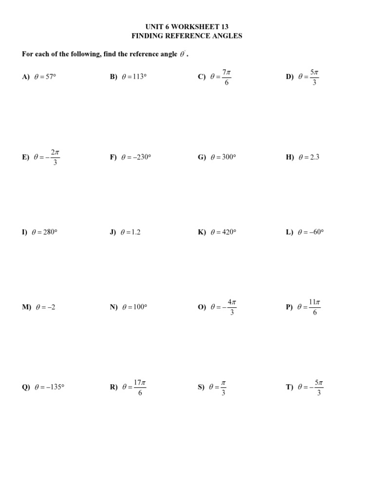 Unit 6 Worksheet 13 Reference Angles | PDF