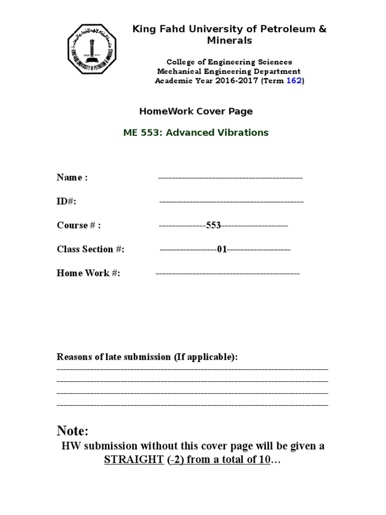 ME553-Cover Page For HW Problems | PDF
