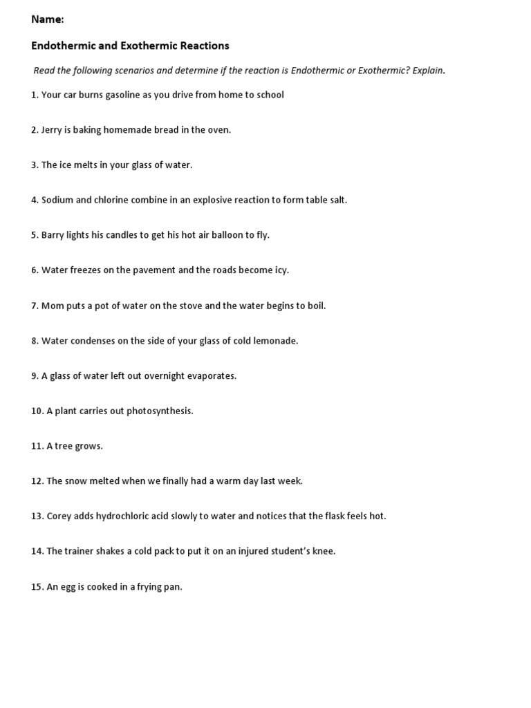 Endothermic vs Exothermic Reactions Worksheet | PDF | Chemical ...