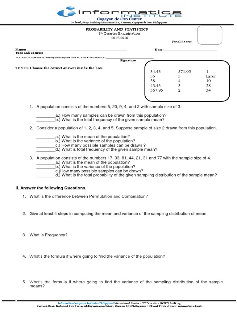 Probability 4th Quarter Examination Final Pdf Mean Variance