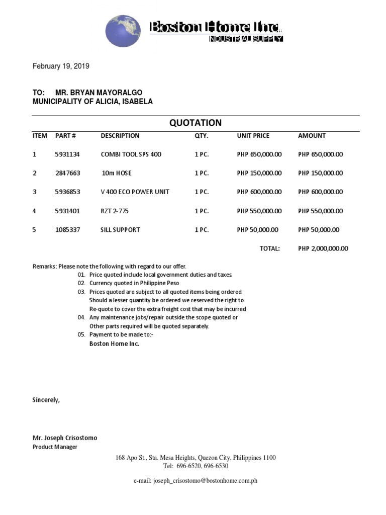 Quotation: TO: Mr. Bryan Mayoralgo Municipality of Alicia, Isabela ...