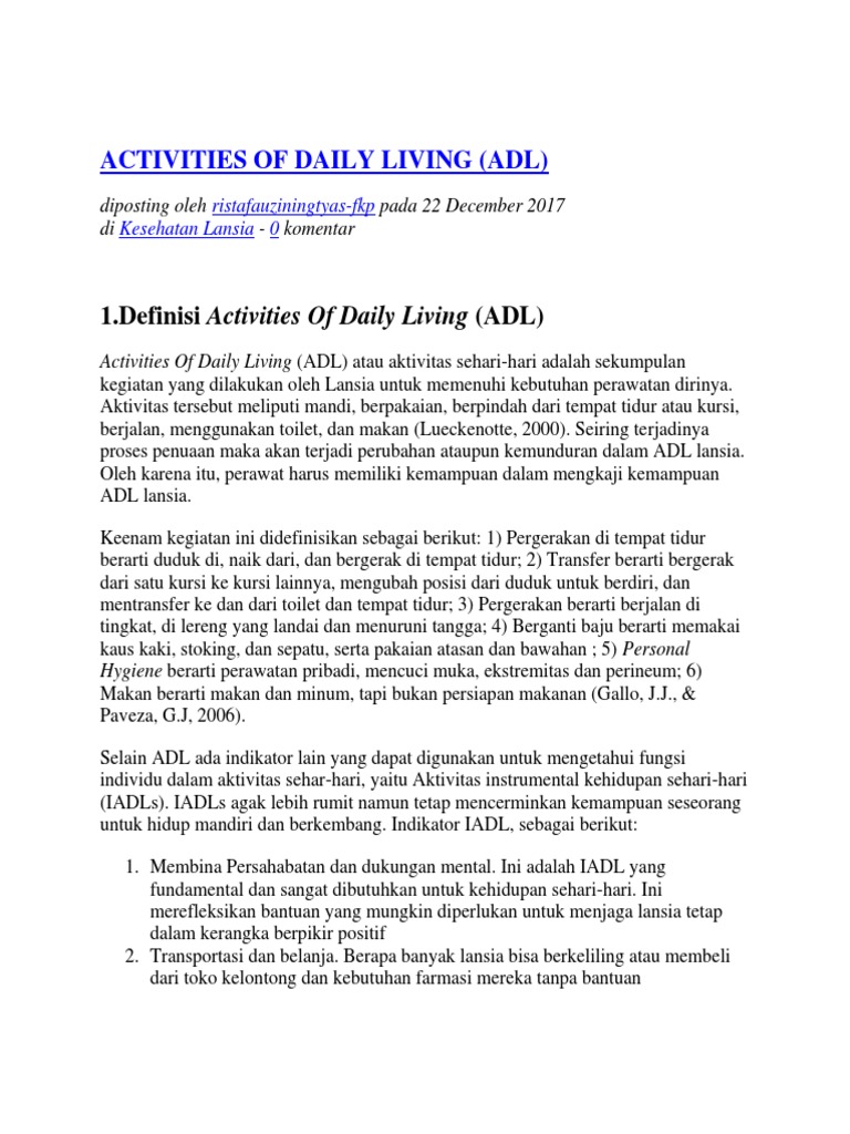 1.definisi Activities of Daily Living (ADL) | PDF | Pengembangan Diri | Gaya Hidup