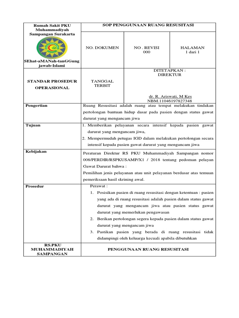 SOP Penggunaan Ruang Resusitasi IGD | PDF