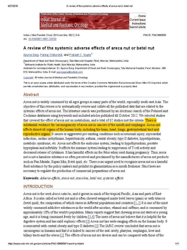 A Review of The Systemic Adverse Effects of Areca Nut or Betel Nut PDF | PDF | Cholesterol ...