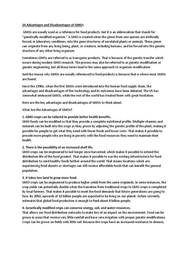 Advantages and Disadvantages of GMOs | PDF | Genetically Modified ...