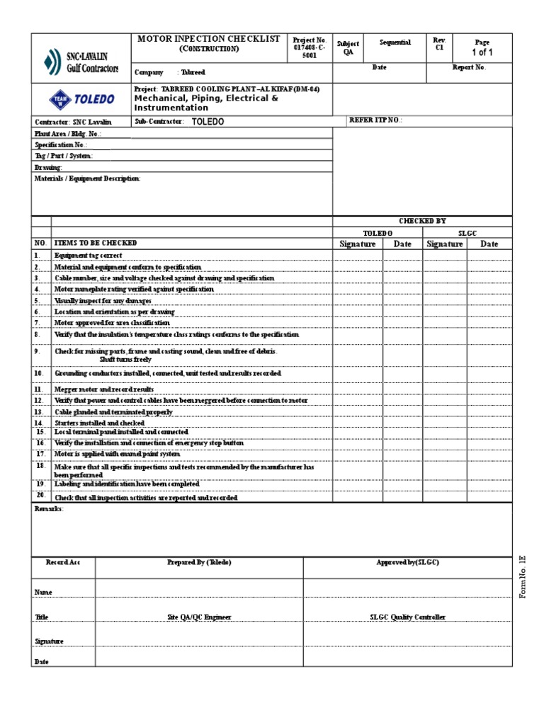 1E-Motors Inspection Checklist | PDF | Manufactured Goods ...
