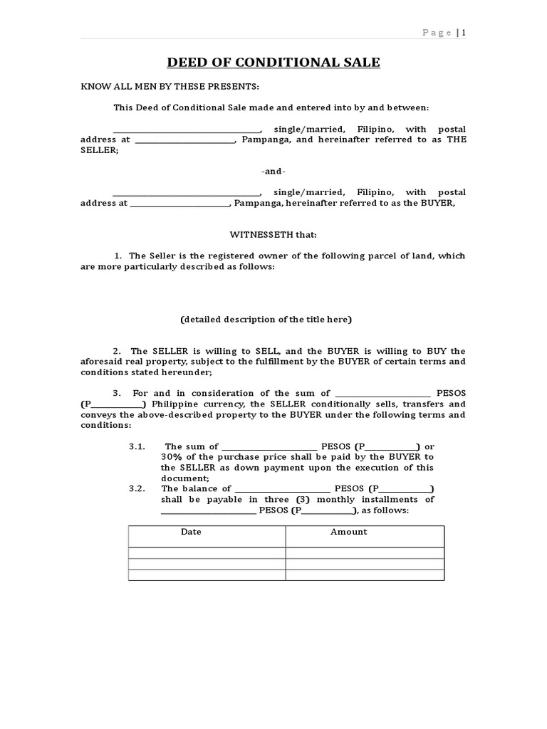 Deed of Conditional Sale (Template) | Download Free PDF | Signature | Sales