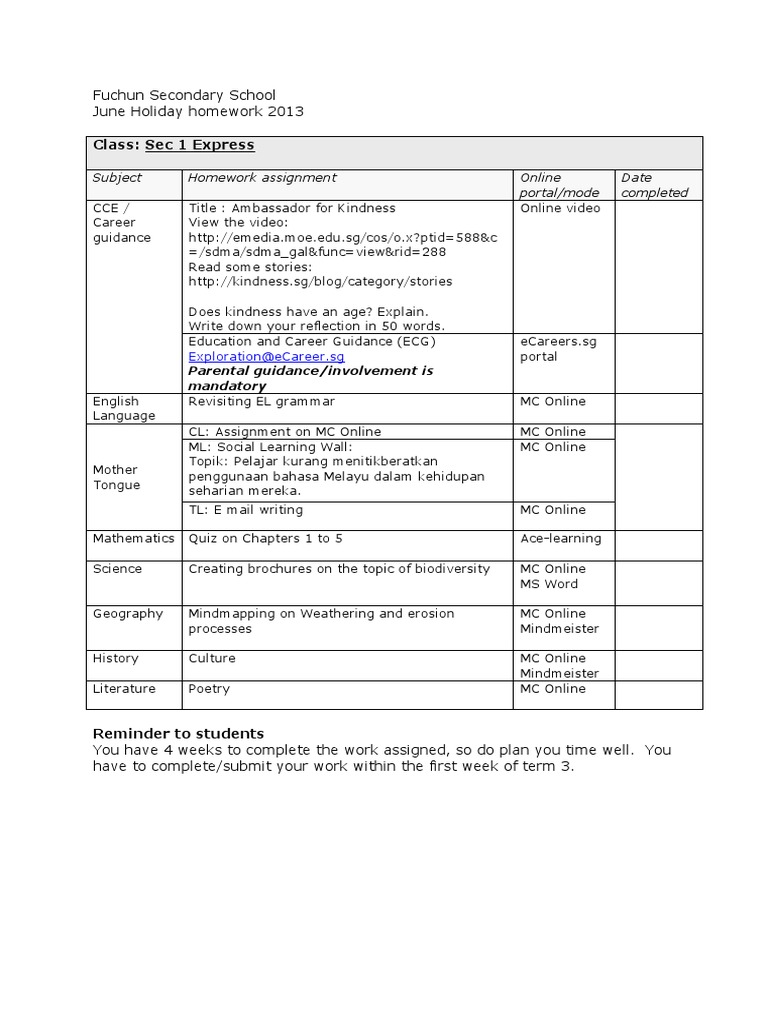 2013 June Holiday Homework | PDF | Homework | Essays