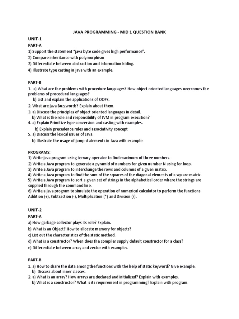 Java Programming Mid 1 Question Bank Unit 1 Part A Pdf Method Computer Programming 0251