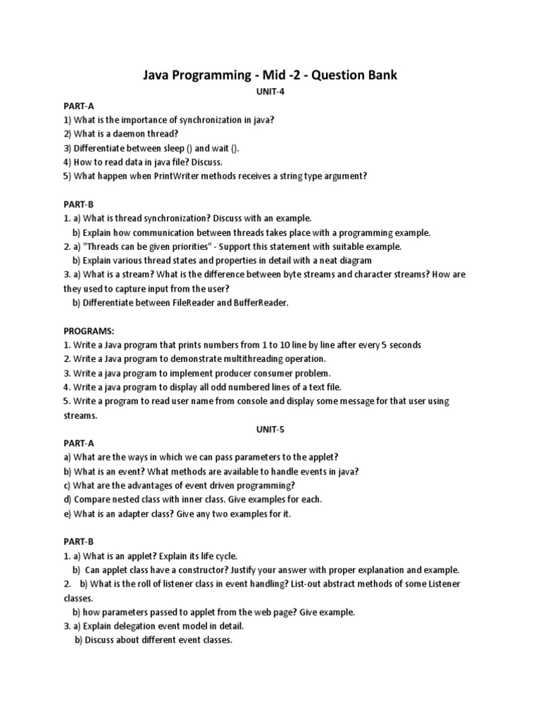Java Programming Mid 2 Question Bank Unit 4 Part A Pdf Computer Programming