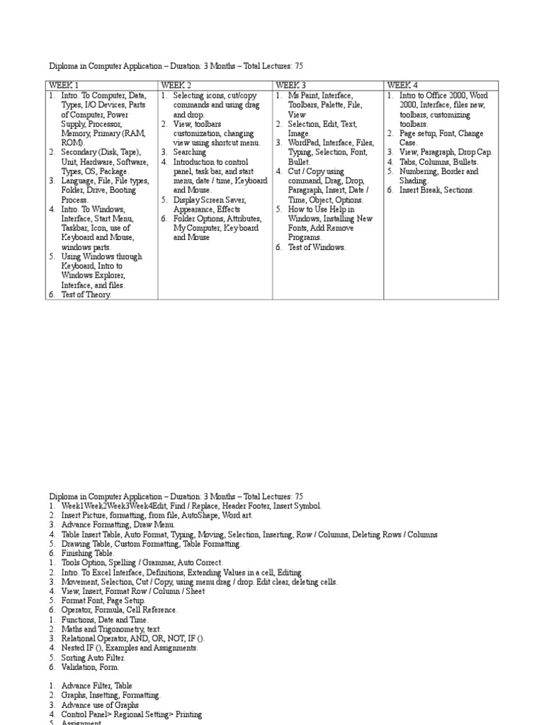 Diploma in Computer Application - COURSE OUTLINE | Download Free PDF ...