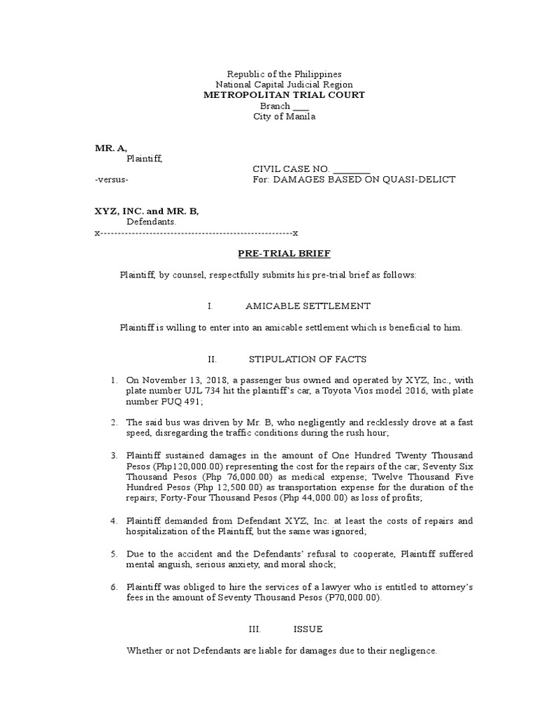Pre-Trial Brief for Civil Case on Damages | PDF | Damages | Negligence