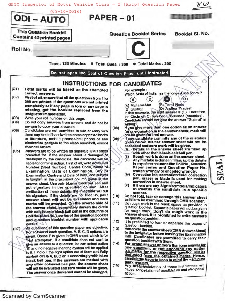 GPSC Inspector of Motor Vehicle Class - 2 AUTO Question Paper 09-10 ...