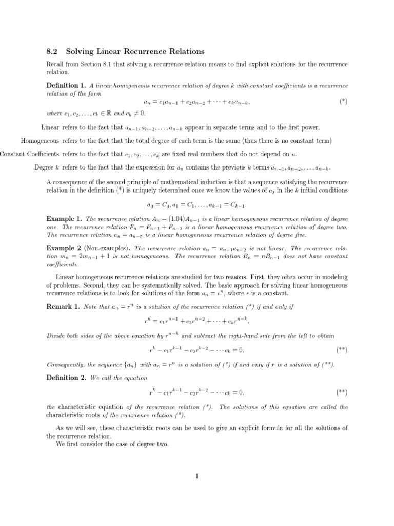8 2 Solving Linear Recurrence Relations N 1 N 1 2 N 2 K N K Pdf Recurrence Relation
