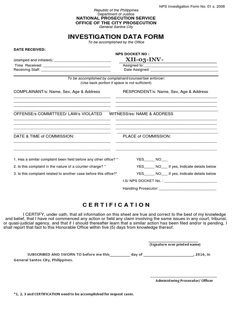 NPS Investigation Data Form Template | PDF | Prosecutor | Complaint