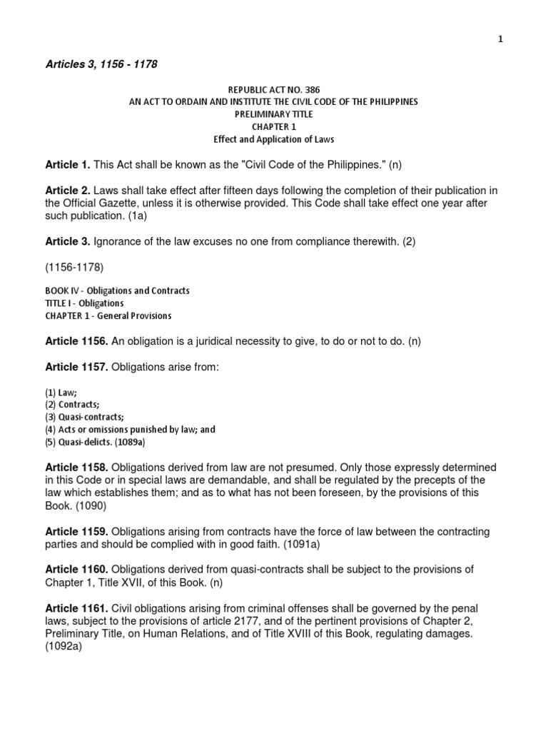 Obligation and Contracts Art 1156 To 1178 Civil Code of The Philippines ...