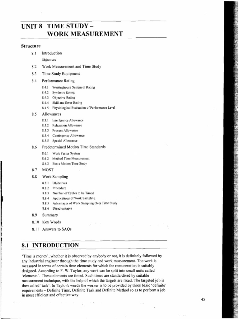 Unit 8 Time Study Work Measurement: Structure | PDF | Time | Scientific ...