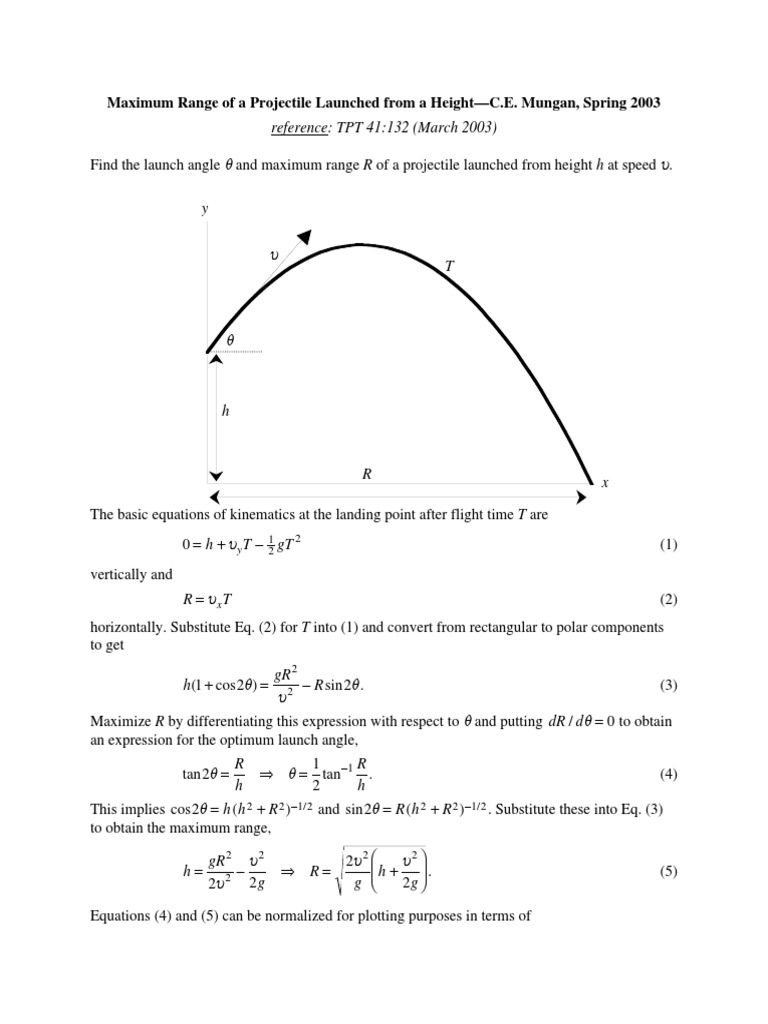 Maximum Range of A Projectile Launched From A Height-C.E. Mungan, Spring 2003 | PDF | Physics ...