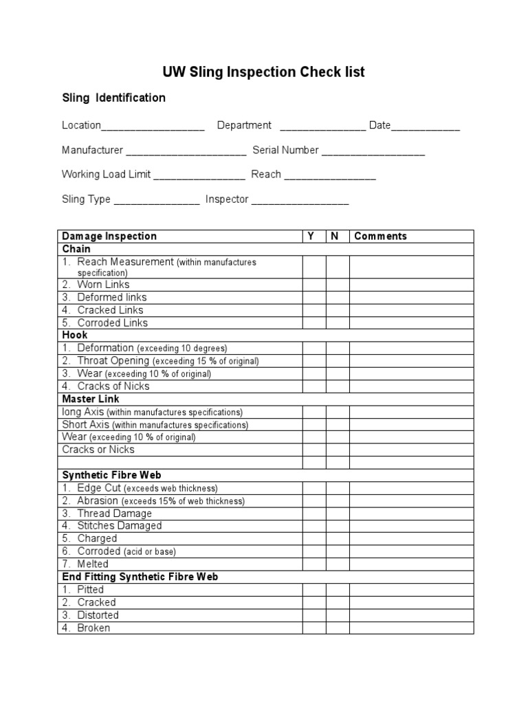UW Sling Inspection Check List | PDF | Materials | Nature