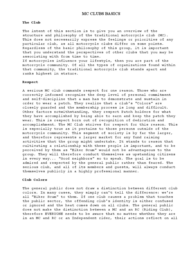 Motorcycle Club Rules and Protocols | PDF | Outlaw Motorcycle Clubs