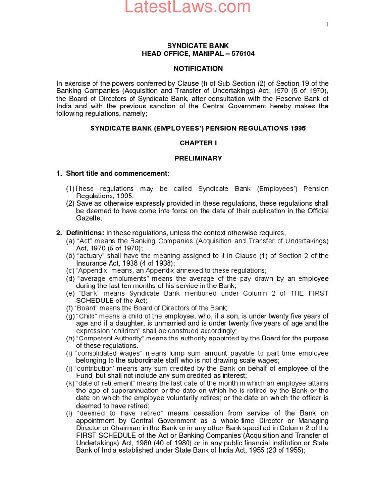 Syndicate Bank (Employees) Pension Regulations, 1995 | PDF | Pension | Trust Law