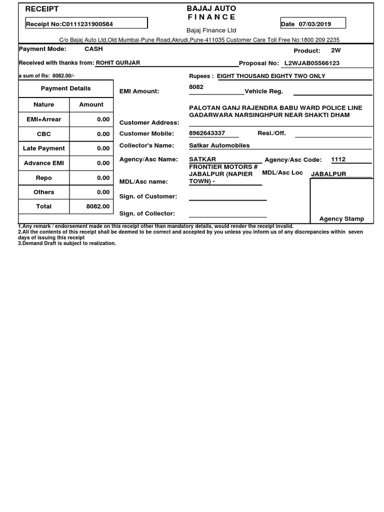Bajaj Receipt | PDF | Services (Economics) | Transport