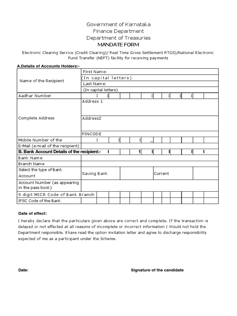 Mandate Form: Government of Karnataka Finance Department Department of ...