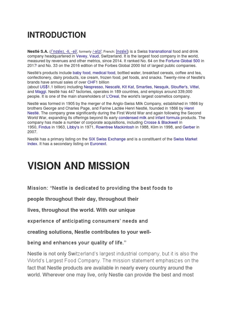 Vision and Mission: Nestlé S.A. ( | PDF | Nestlé | Business