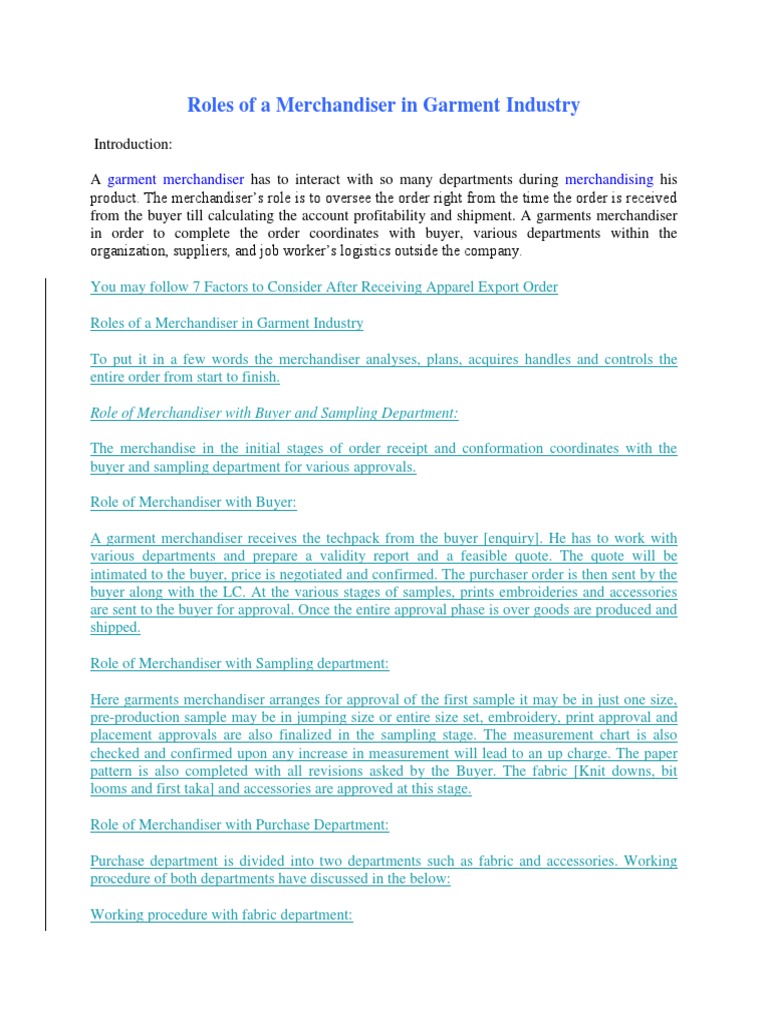 Roles of A Merchandiser in Garment Industry | PDF | Yarn | Textiles