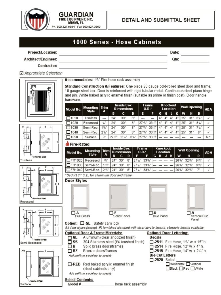 1000 Series - Hose Cabinets Detail and Submittal Sheet | PDF | Door ...