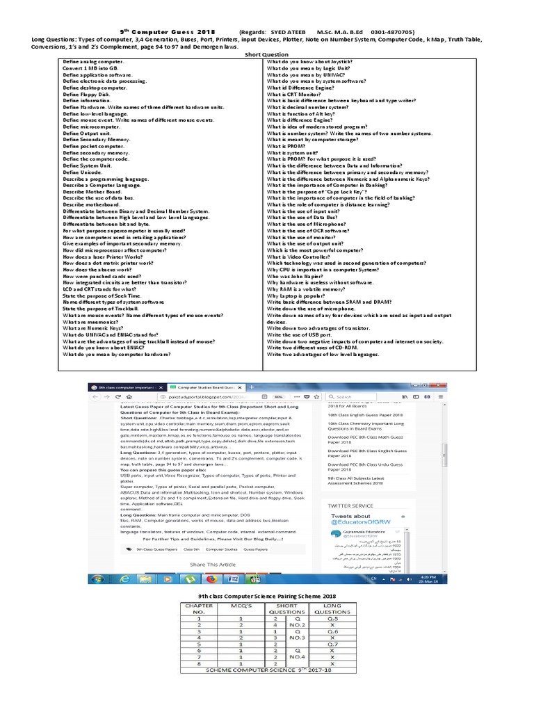 9th Class Computer Science Guess Paper | PDF | Random Access Memory ...