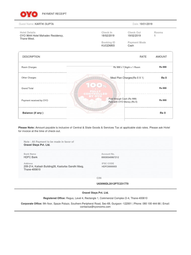 Hotel Receipt | PDF | Payments | Receipt