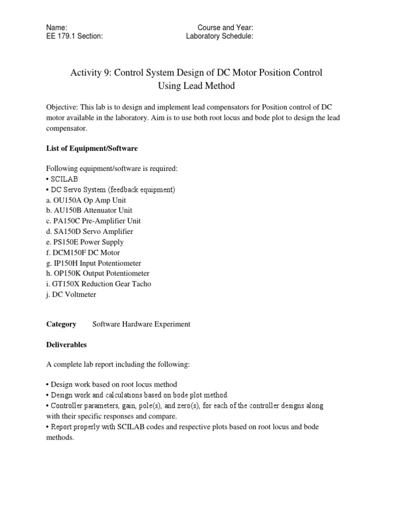 Activity 9: Control System Design of DC Motor Position Control Using Lead Method | PDF ...
