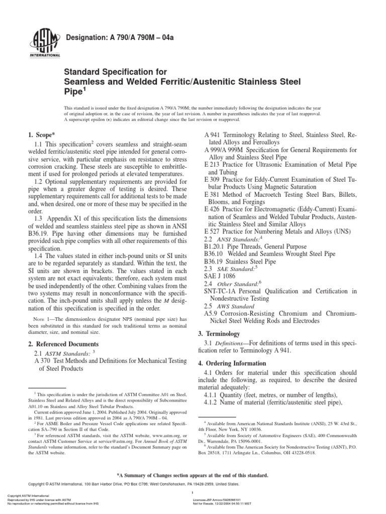 ASTM A790 Austenitic Stainless Steel Duplex Pipes PDF | PDF | Heat ...