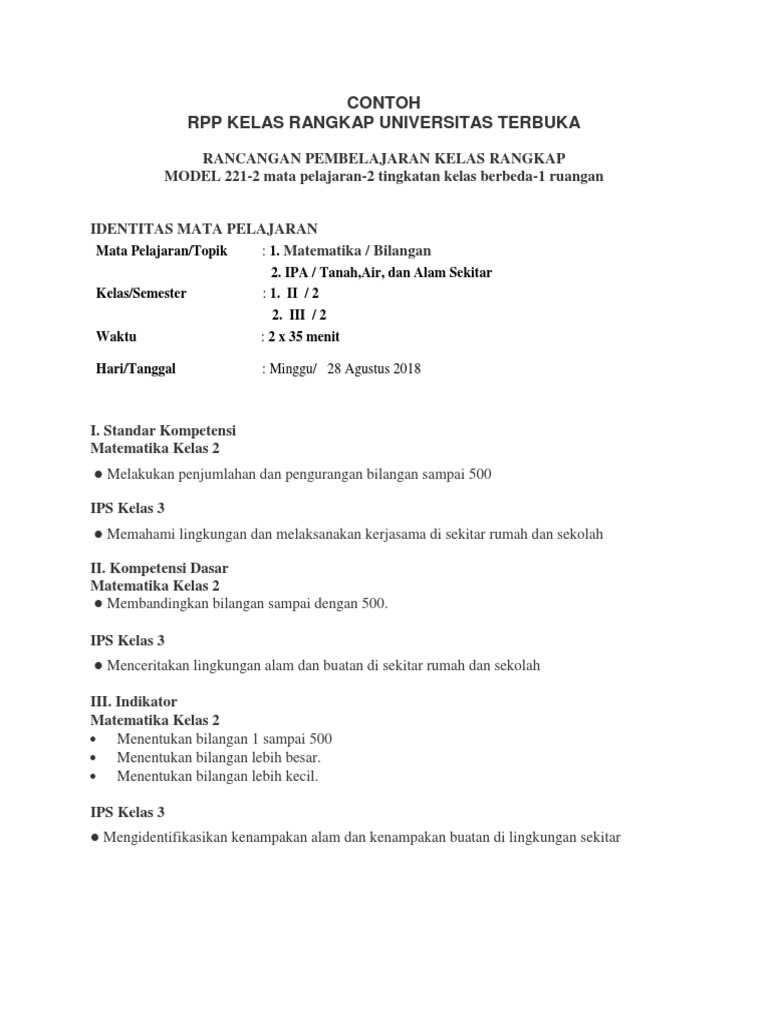 Contoh RPP Kelas Rangkap (PKR) | PDF