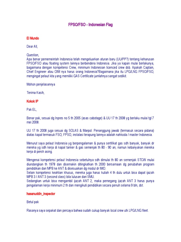 FPSO-FSO Indonesian Flag | PDF