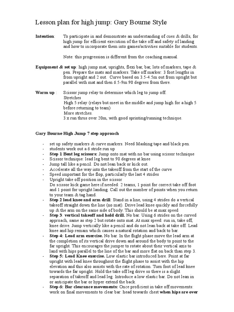 High Jump Lesson Plan Overview | PDF | Takeoff | Human Leg