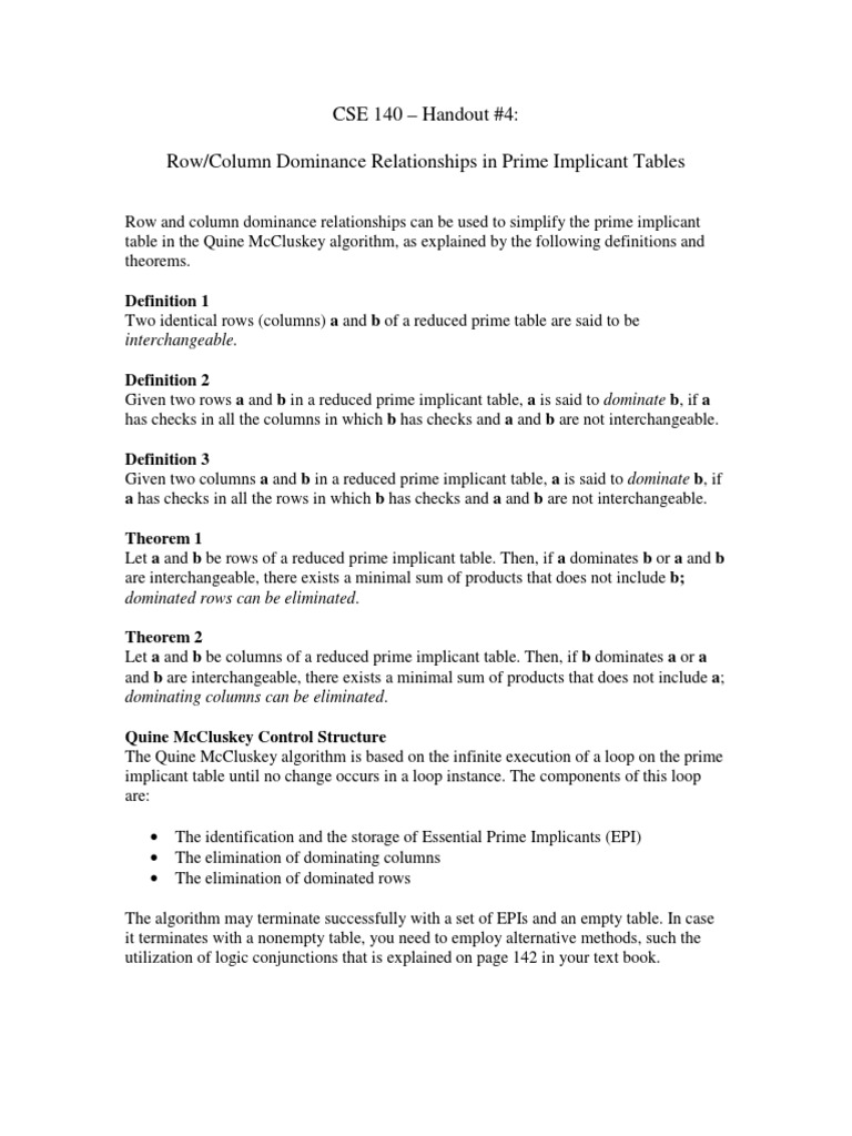 CSE 140 - Handout #4: Row/Column Dominance Relationships in Prime ...
