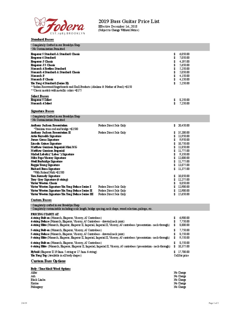 2019 Bass Guitar Price List: Standard Basses | PDF | Guitars | Bass Guitar