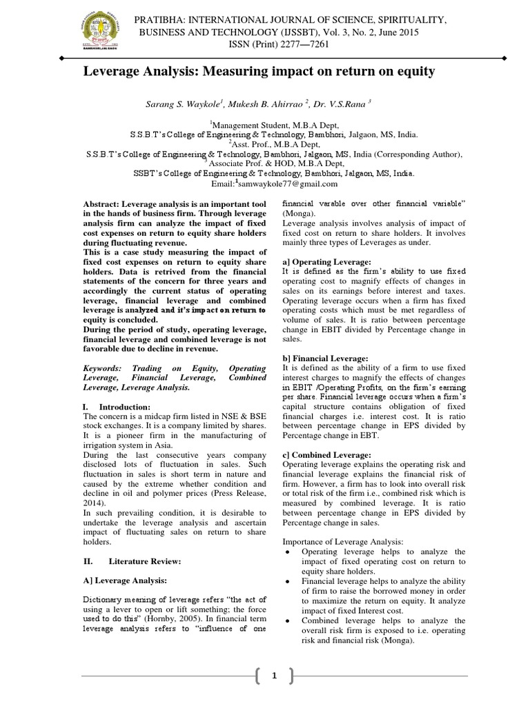 Leverage Analysis: Measuring Impact On Return On Equity: Sarang S. Waykole, Mukesh B. Ahirrao ...